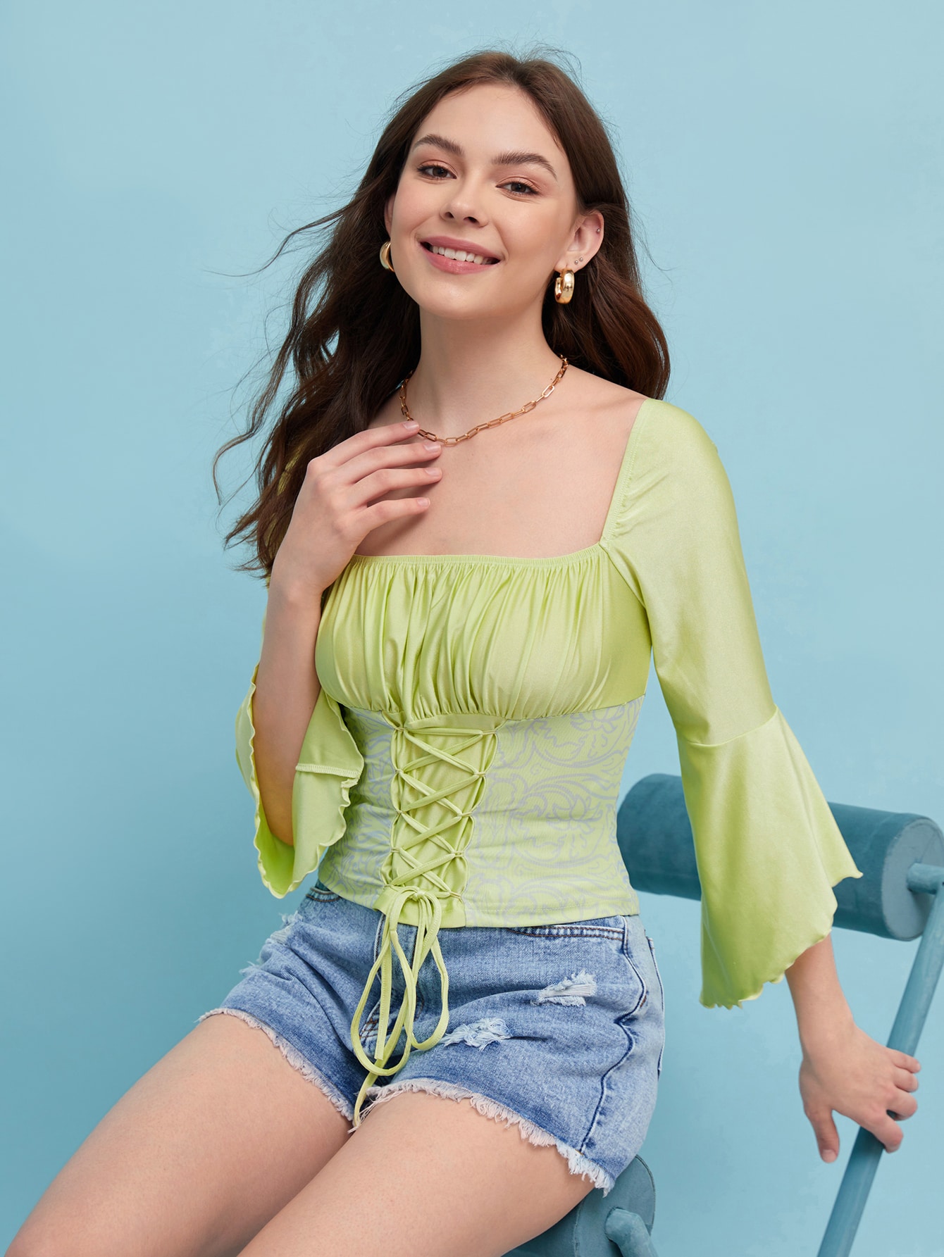 SHEIN X Kara Whiting Graphic Print Lace Up Ruffle Trim Top