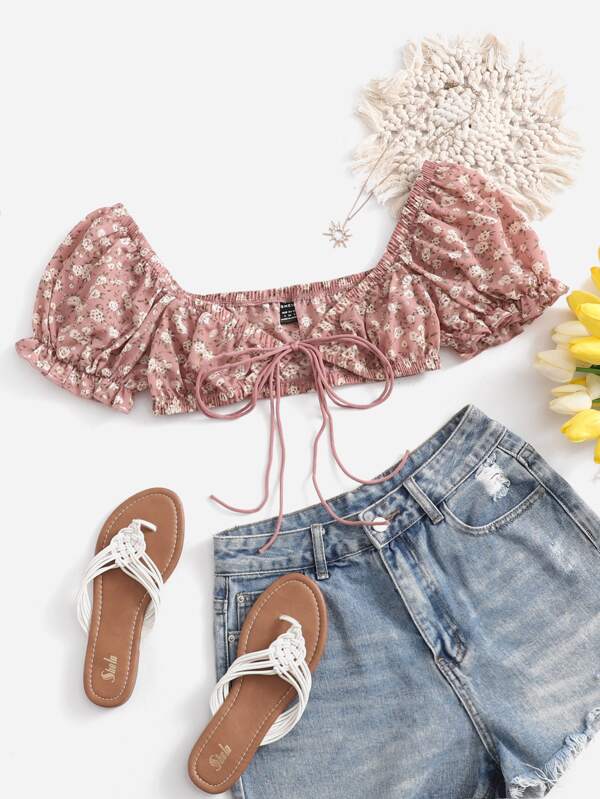 SHEIN WYWH Babado Nó na gola Florzinhas Boho Top | SHEIN Brasil