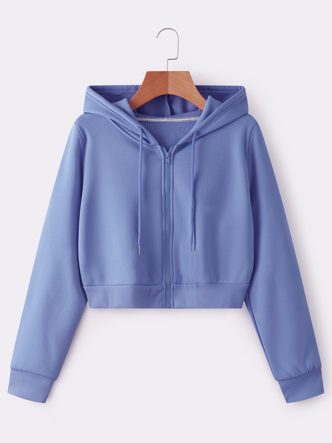 Solid Zip Up Drawstring Crop Thermal Hoodie