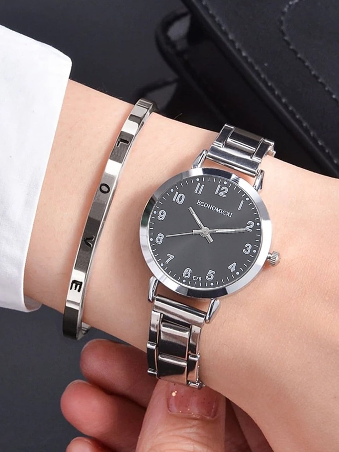 1 pieza minimalista Reloj cuarzo de puntero redondo & 1 pieza Pulsera