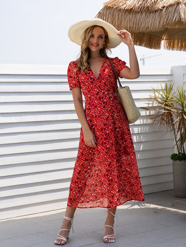 Boho Vrolijke Bloemetjes Jurk Geknoopt Wrap | SHEIN Nederland