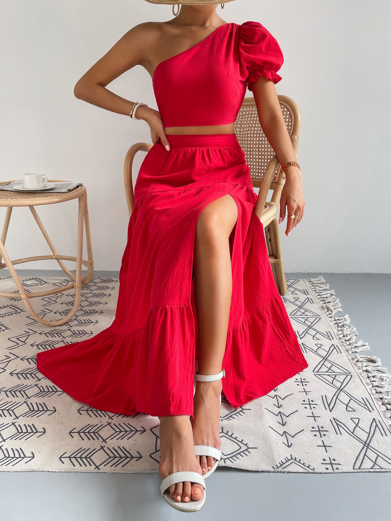 One Shoulder Puff Sleeve Crop Top And Split Thigh Skirt