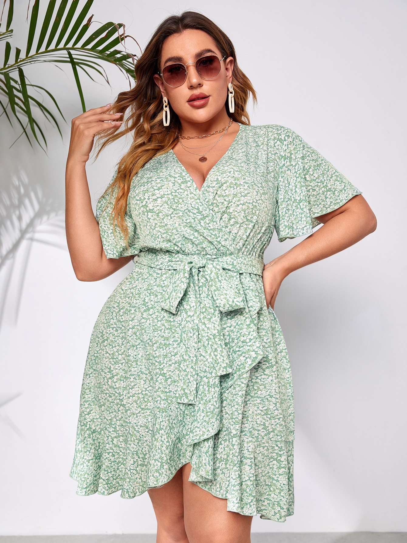 Plus Ditsy Floral Butterfly Sleeve Wrap Hem Belted Dress