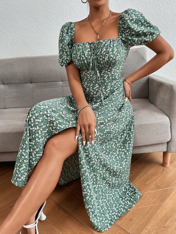 Shein Frenchy Ditsy Floral Print Knot Front Ruched Bust Split Thigh
