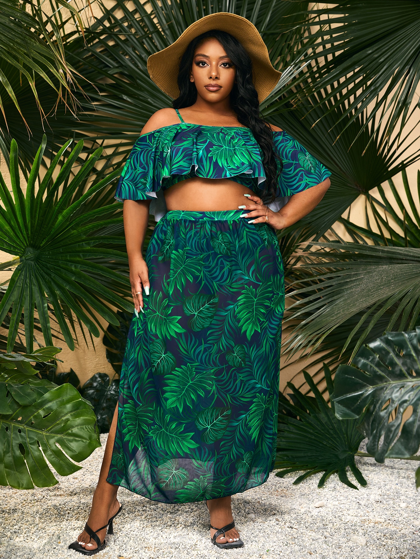 Plus Tropical Print Ruffle Trim Cold Shoulder High Waist Bikini