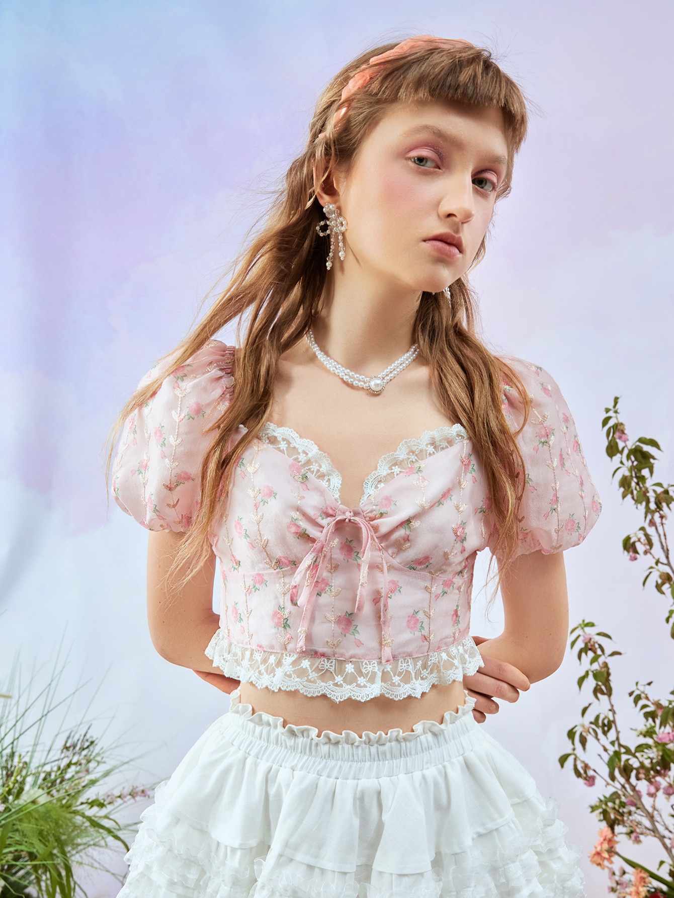 Shein Mod Blusa Con Estampado Floral De Manga Farol Con Cordón