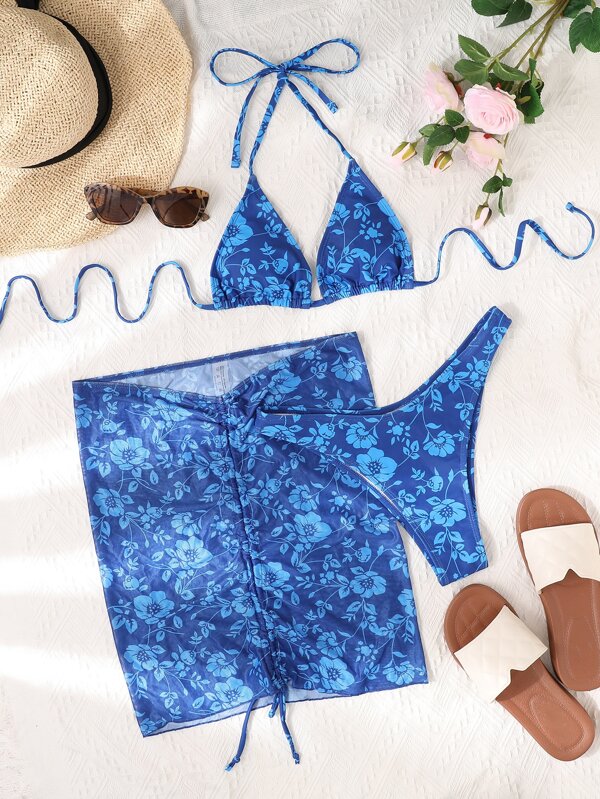 Shein Swim Vcay Floral Bikini Set Triangle Bra And High Cut Bottom