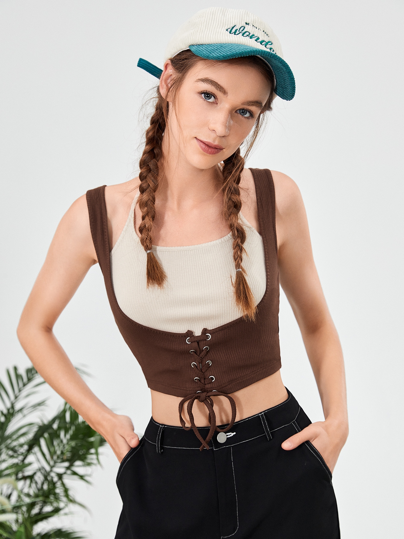 Shein Mod Two Tone Grommet Lace Up Crop 2 In 1 Tank Top