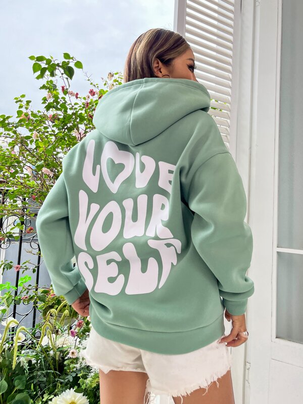 SHEIN Qutie Slogan Graphic Drop Shoulder Drawstring Thermal Lined Hoodie | SHEIN USA