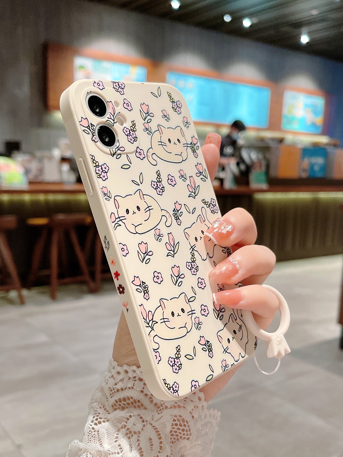 Funda para teléfono con diseño de gato de dibujos animados con cordón compatible con iPhone15 ...