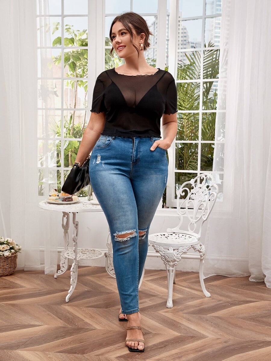 Shein Privé Plus Lettuce Trim Sheer Mesh Top Without Bra Shein Usa