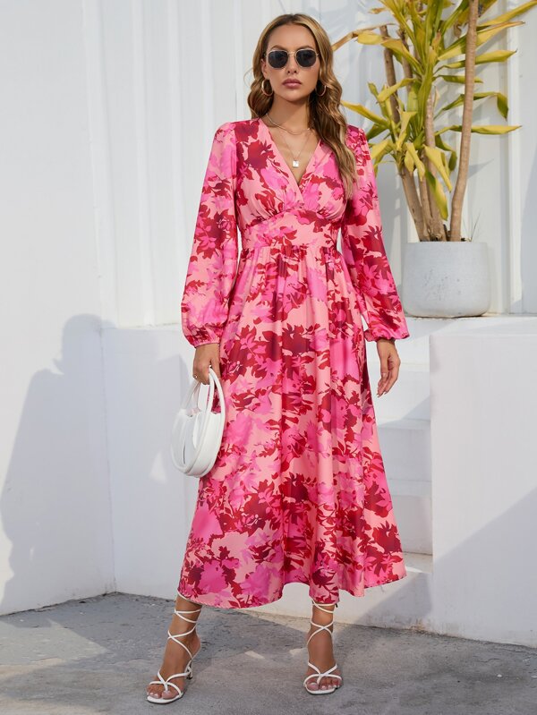 SHEIN VCAY Boho Bloemen Volledig geprint Jurk Wrap Gefronst | SHEIN Nederland