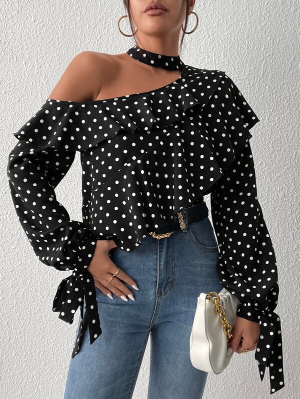 Shein Privé Polka Dot Asymmetrical Neck Ruffle Trim Flounce Sleeve