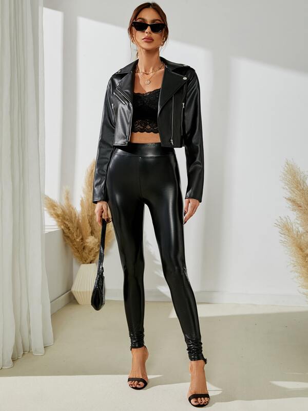 SHEIN Zip Up Crop PU Moto Jacket | SHEIN USA