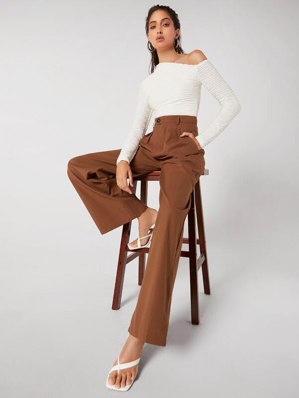 SHEIN BIZwear Cotton Solid Fold Pleated Pants Workwear | SHEIN USA
