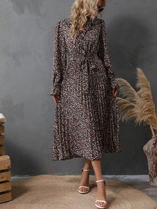 Boho Vrolijke Bloemetjes Jurk Riem Voorpand met Knoopjes Geplooide | SHEIN Nederland