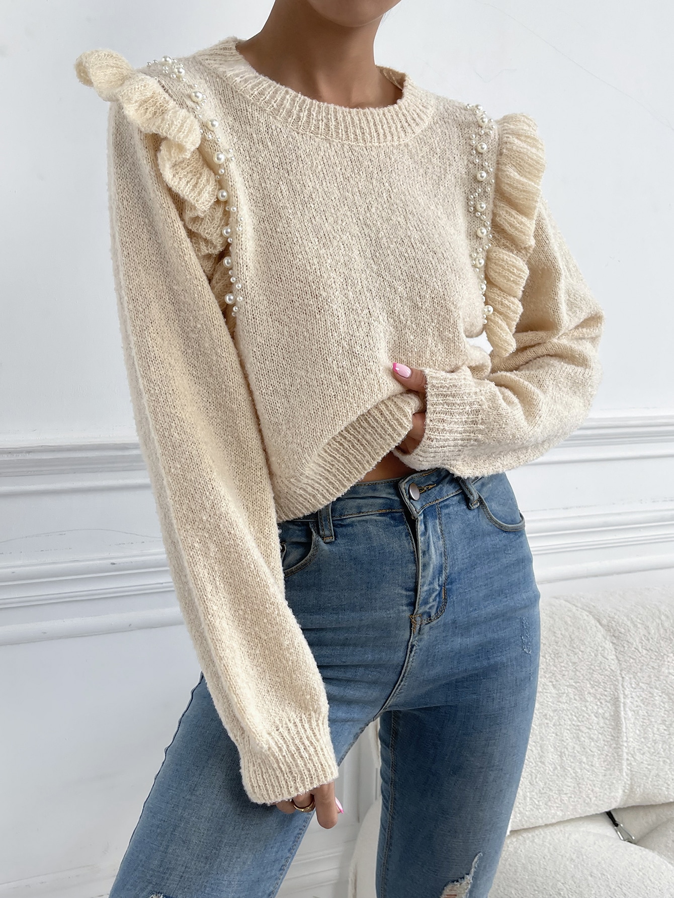 Shein Frenchy Pearls Beaded Ruffle Trim Sweater