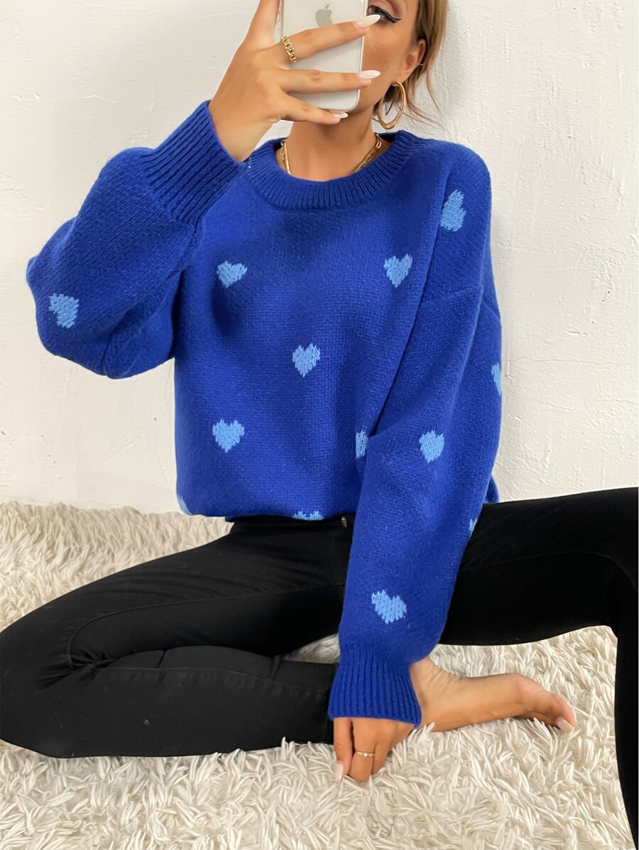Heart Pattern Drop Shoulder Sweater Shein Usa