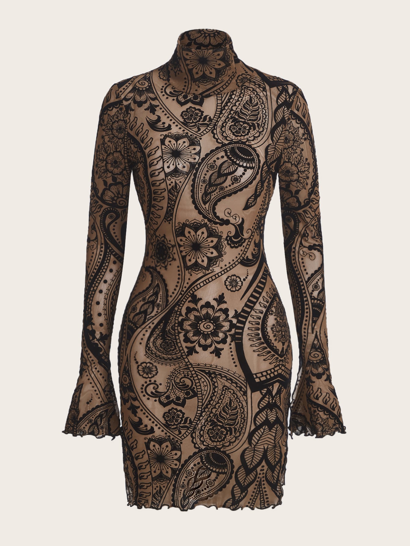 Shein Figurbetontes Kleid Mit Blume And Paisley Muster Volant Ärmeln Mesh