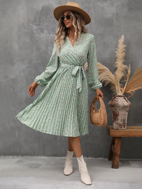 Vestido com cinto Impressão Floral Dits Manga da lanterna Bainha pregueada | SHEIN Brasil