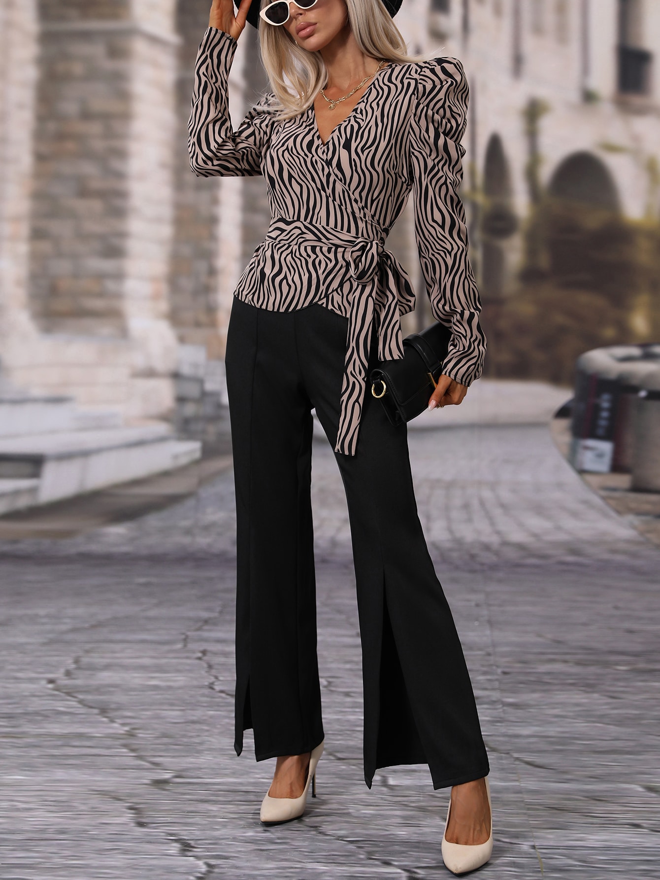 Blouse à Rayures Zébrées Manches Gigot Croisé à Nœud And Pantalon Fendu