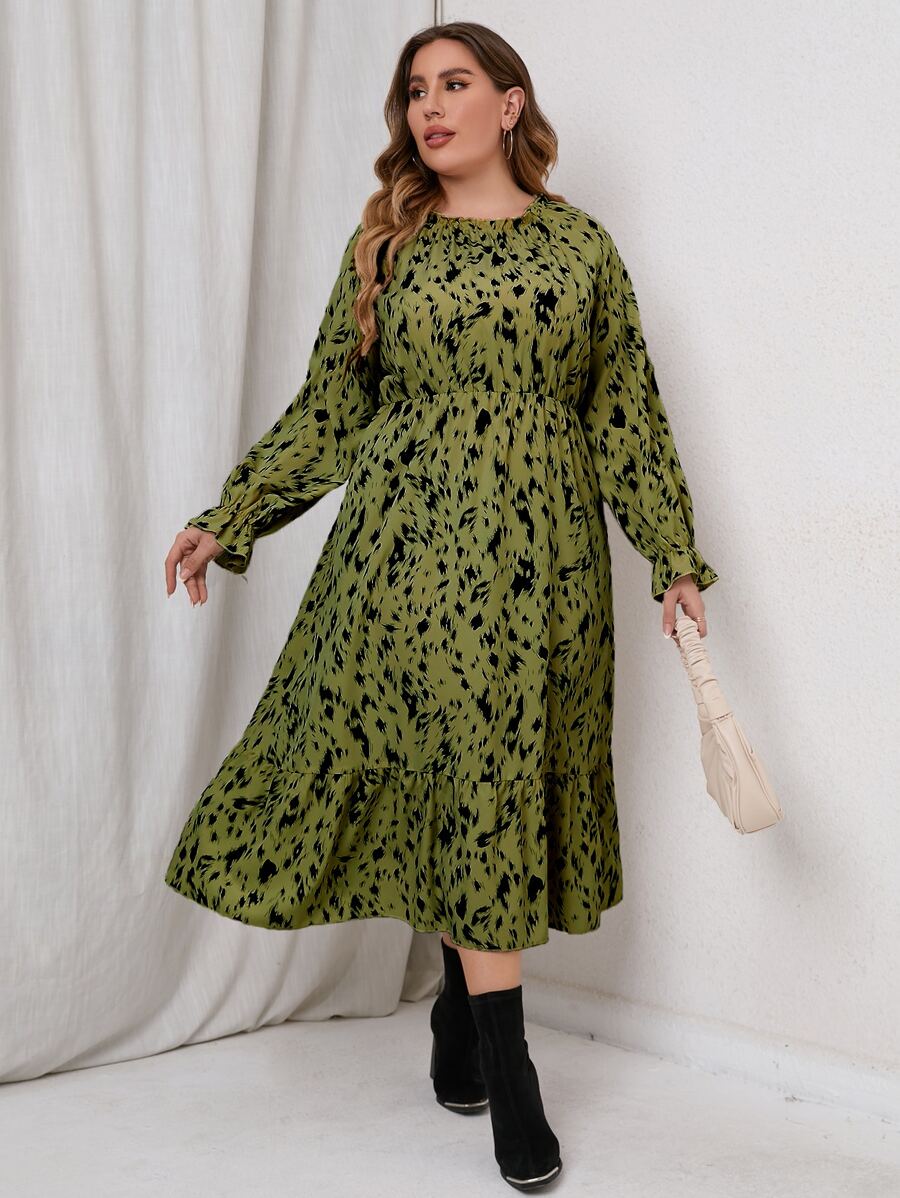 SHEIN LUNE Plus Allover Print Flounce Sleeve Ruffle Hem Dress | SHEIN UK