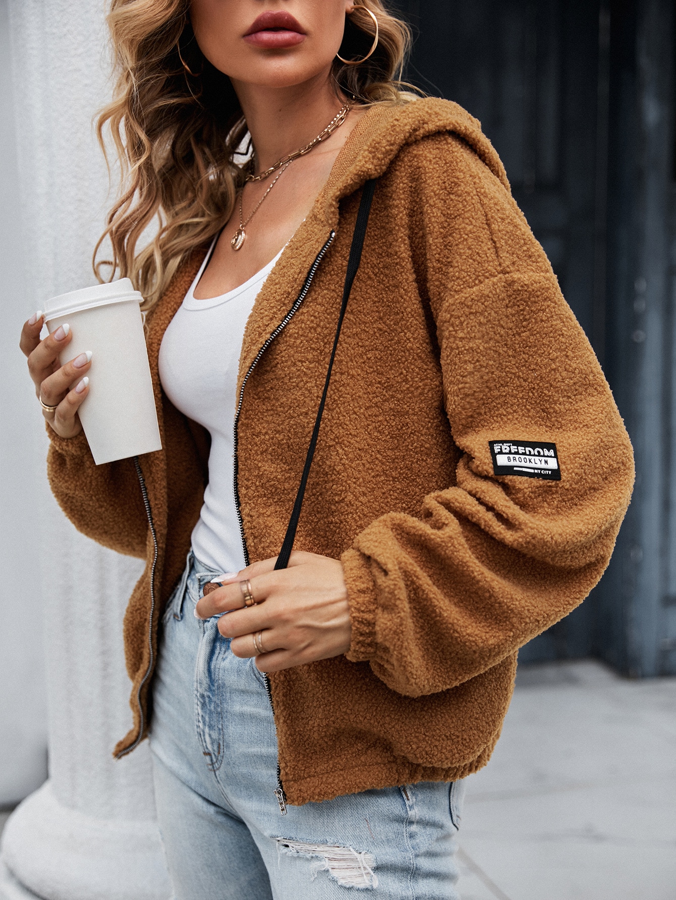 SHEIN Letter Patched Drop Shoulder Drawstring Hooded Teddy Jacket