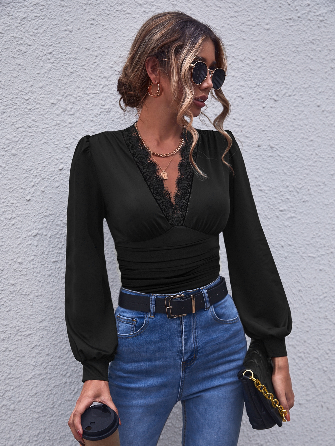 Camiseta Renda de contraste Manga da lanterna