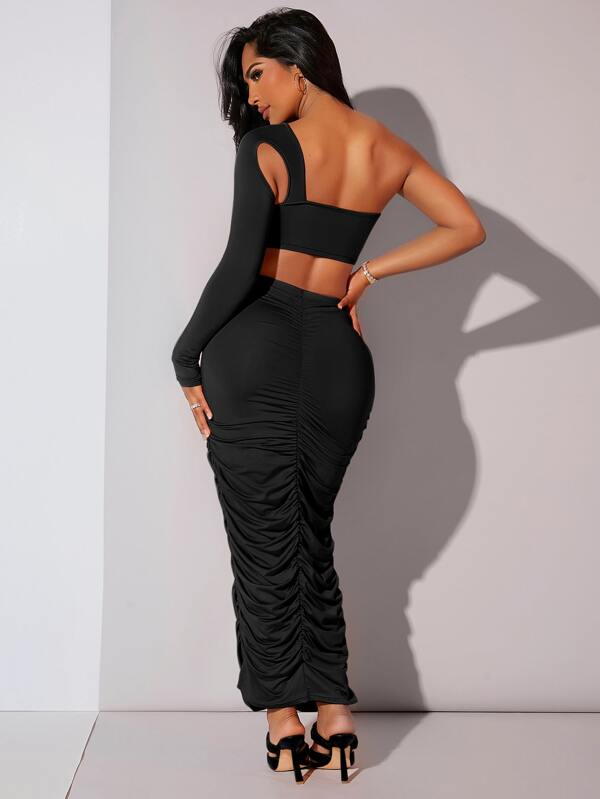 Shein Sxy One Shoulder Ring Linked Cut Out Crop Top And Ruched Pencil