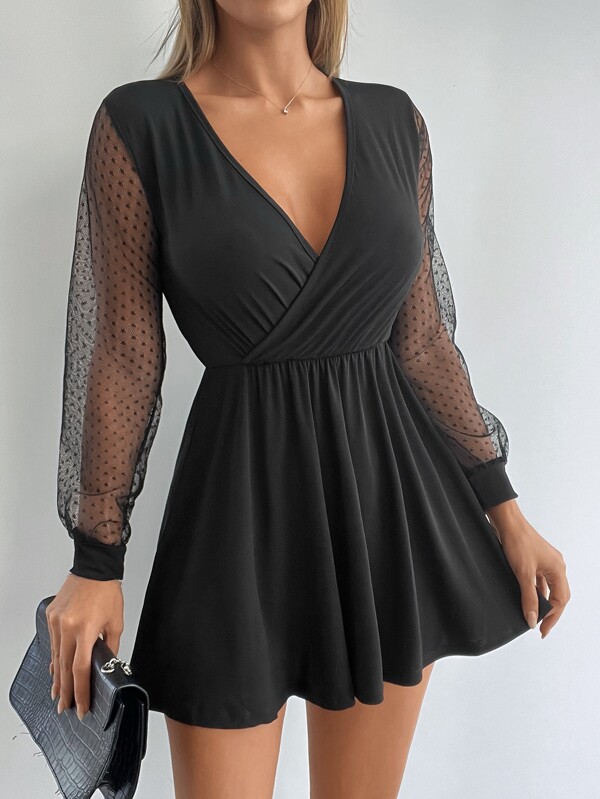 Kleid Mit Kontrast Dobby Mesh überlappendem Kragen Aktuelle Trends