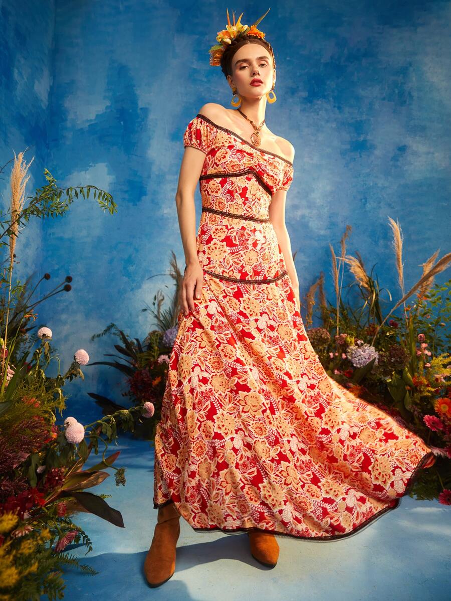 Frida Kahlo X Shein X Designer Cw2 Floral Print Off Shoulder Lace Trim