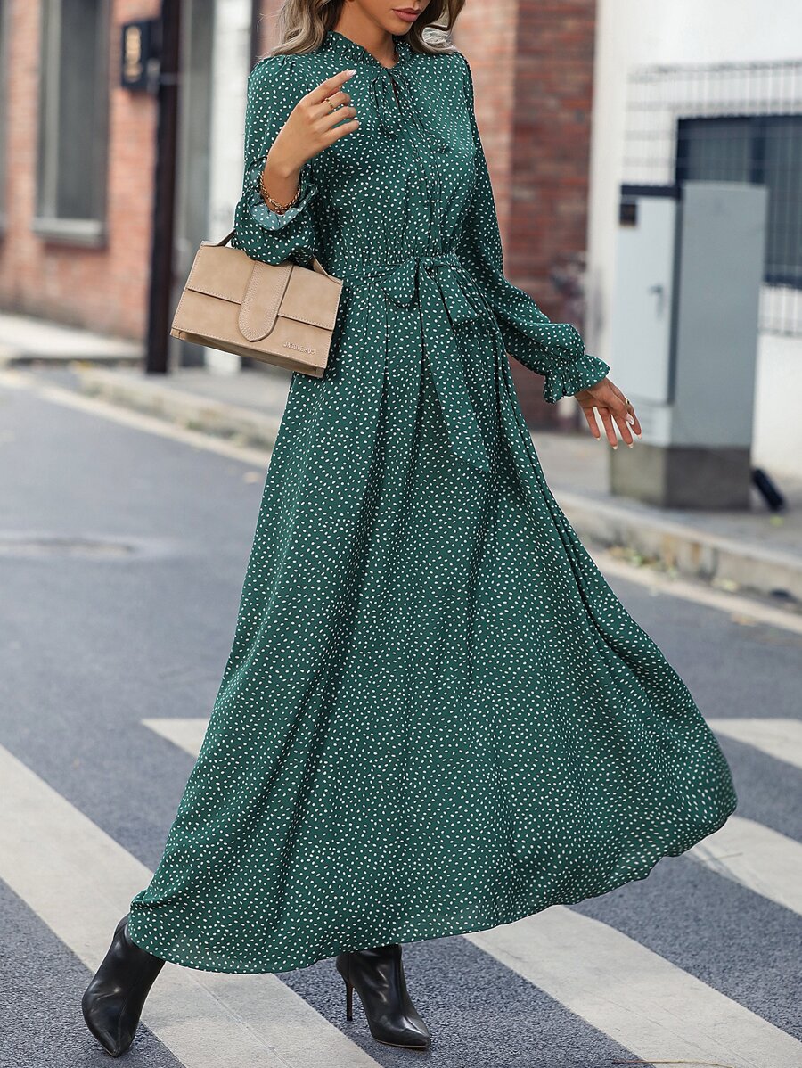 Shein Clasi Polka Dot Print Tie Neck Flounce Sleeve Belted Dress