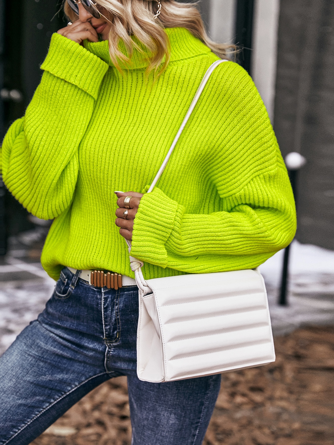 Solid Drop Shoulder Turtleneck Sweater