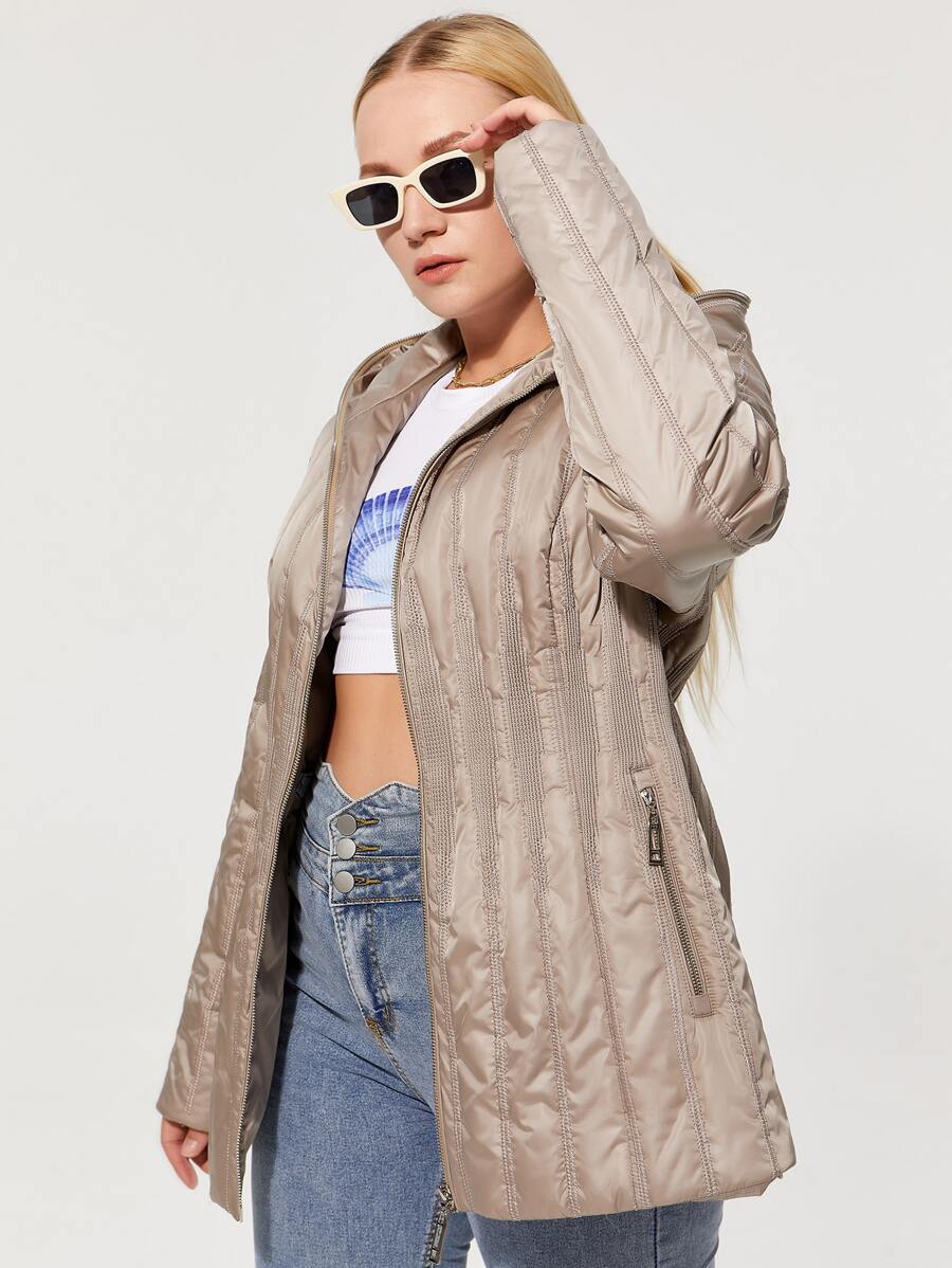 Plus Slant Pocket Zipper Hooded Puffer Coat Shein Uk