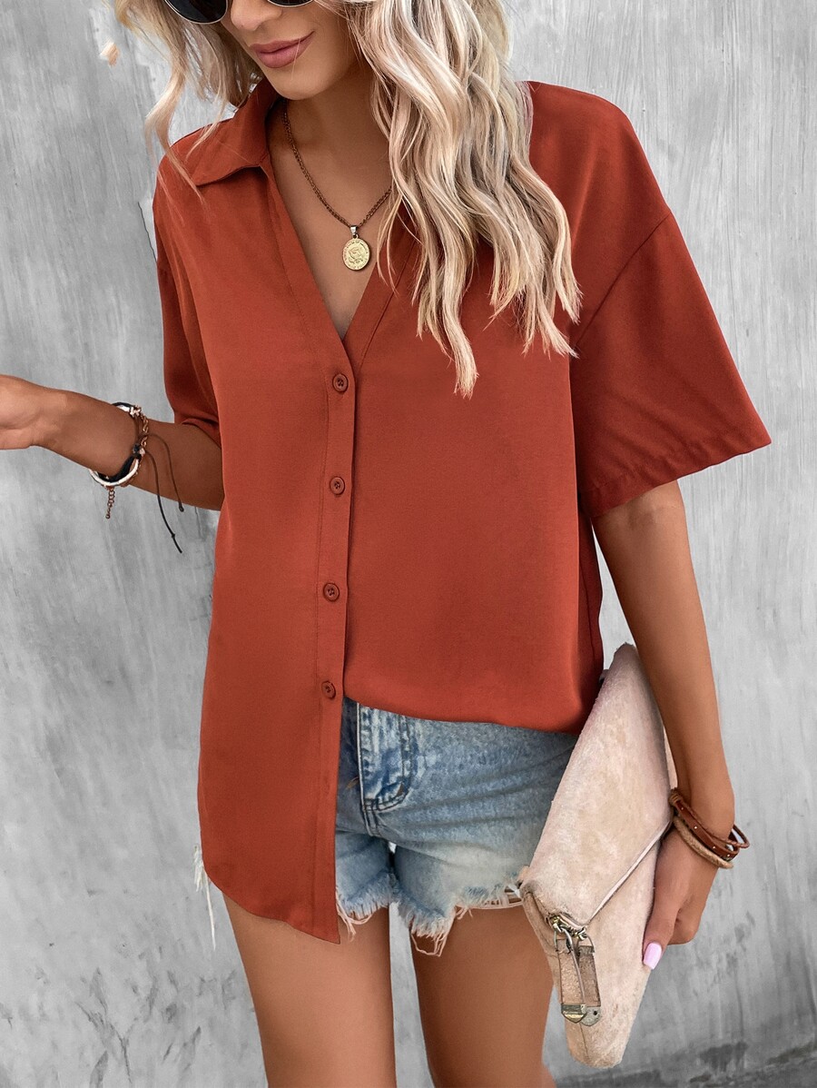 Shein Lune Chemise Unicolore à Bouton Mode En Ligne Shein France