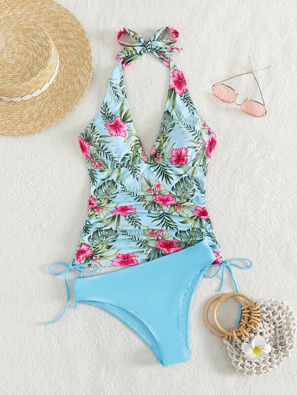 Shein Swim Vcay Ensemble De Tankini à Imprimé Tropical Ras Du Cou Top