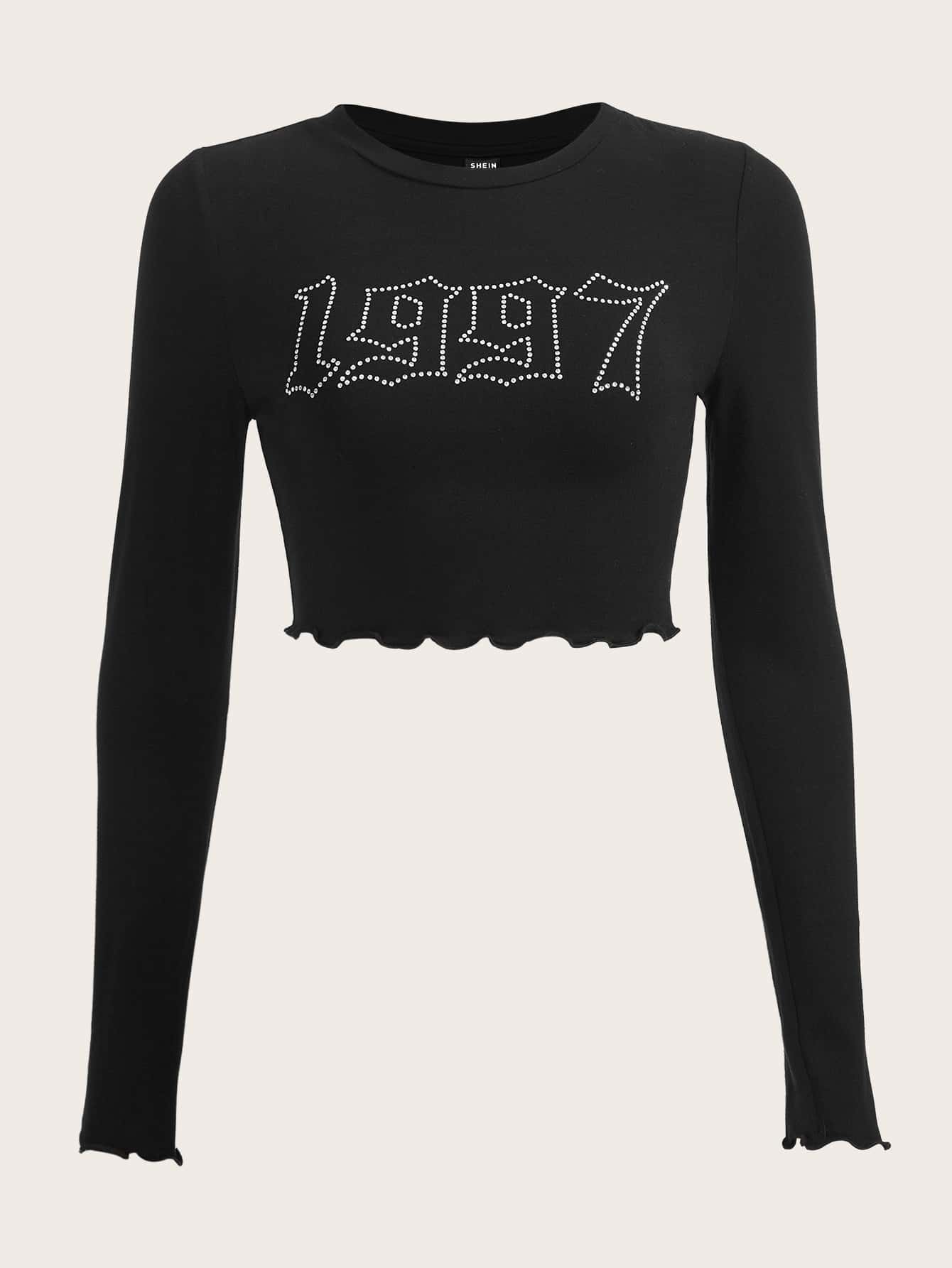 Shein Ezwear Camiseta Cortada Carta Strass Guarnição De Alface