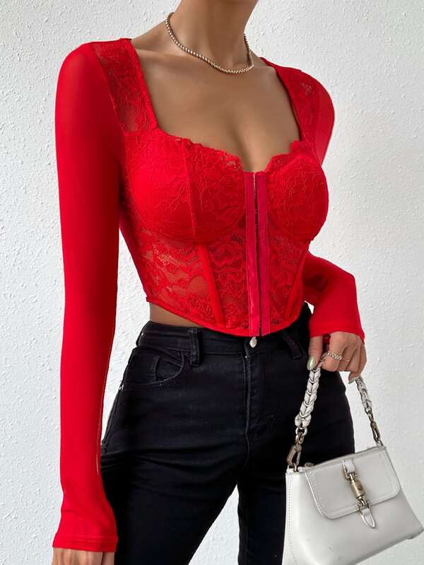 Shein Bae Top Bajo Asimétrico Crop Bustier Con Encaje Moda De Mujer