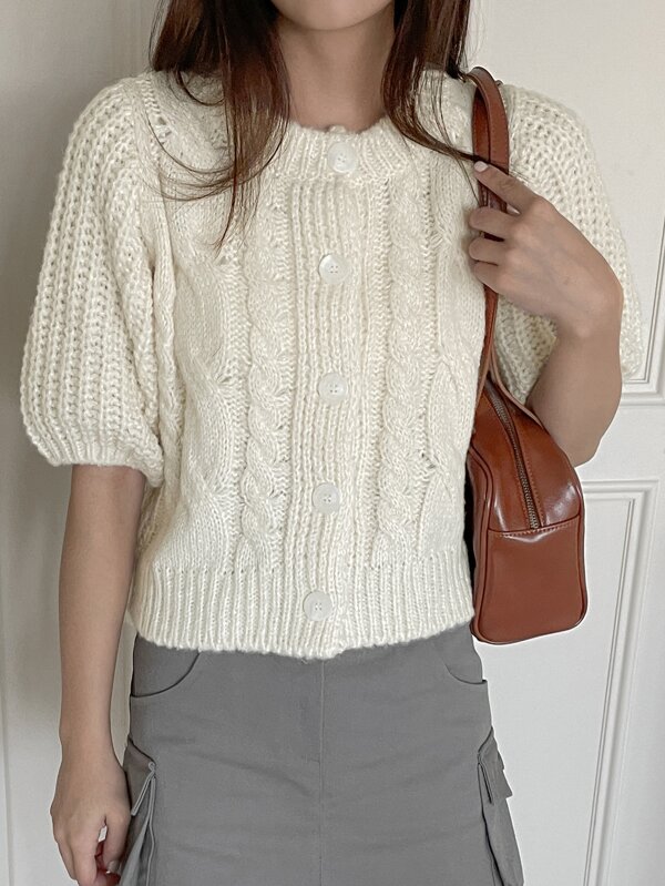 Dazy Half Lantern Sleeve Button Front Cable Knit Cardigan Shein Usa