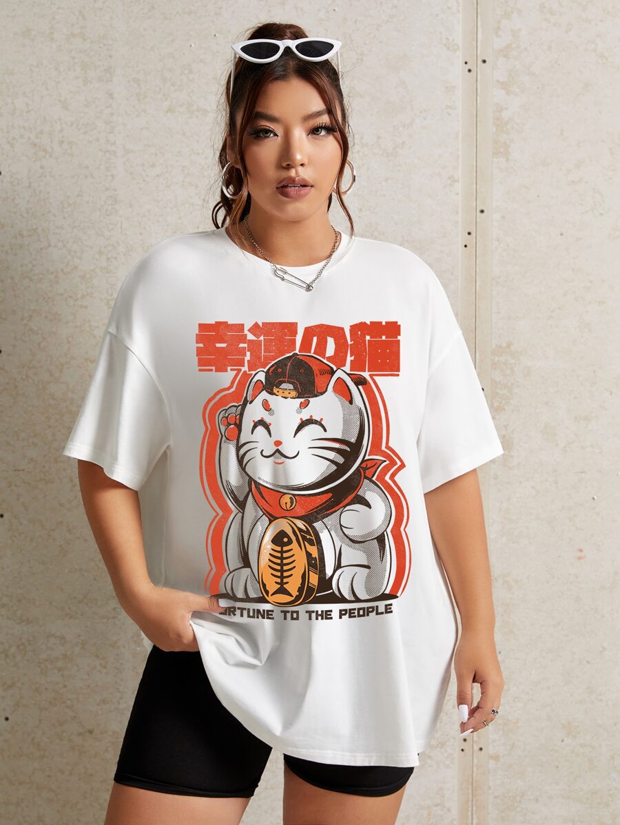 Ilustrata Plus Cartoon And Slogan Graphic Drop Shoulder Oversize Tee