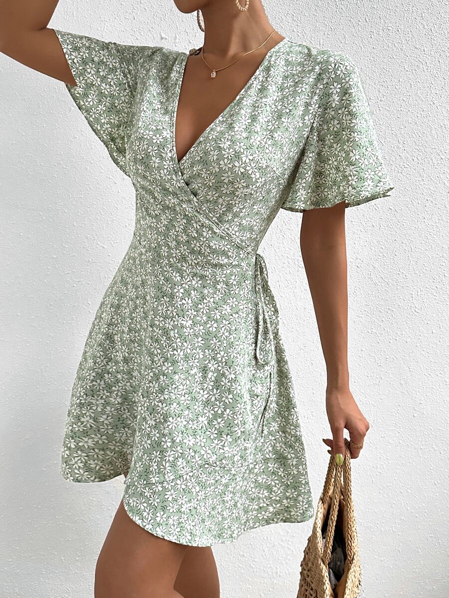 SHEIN Clasi Boho Vrolijke Bloemetjes Jurk Geknoopt Wrap | SHEIN Nederland