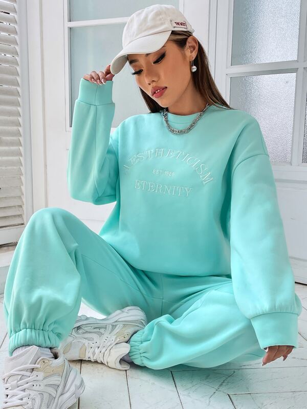 Shein Ezwear Letter Embroidery Drop Shoulder Sweatshirt And Sweatpants