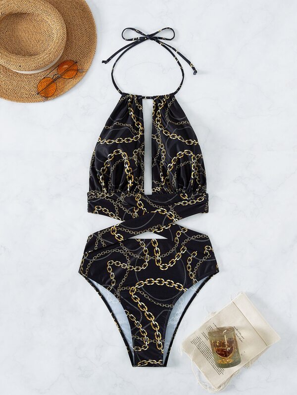 Shein Swim Bohofeel Chain Print Cut Out Halter Neck Backless Knot Chain