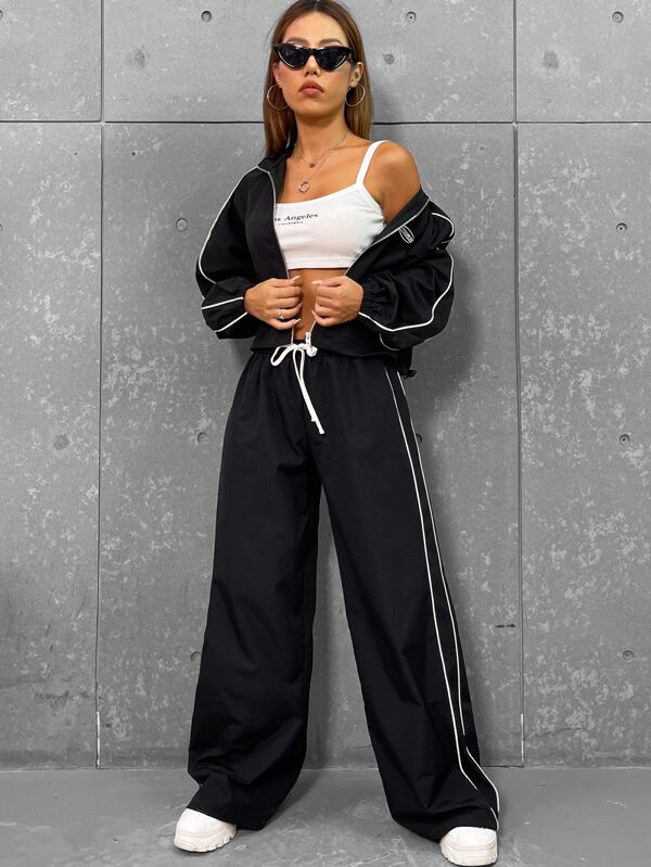 Shein Coolane Hose Mit Weiten Beinen Tunnelzug Kontrast Paspel