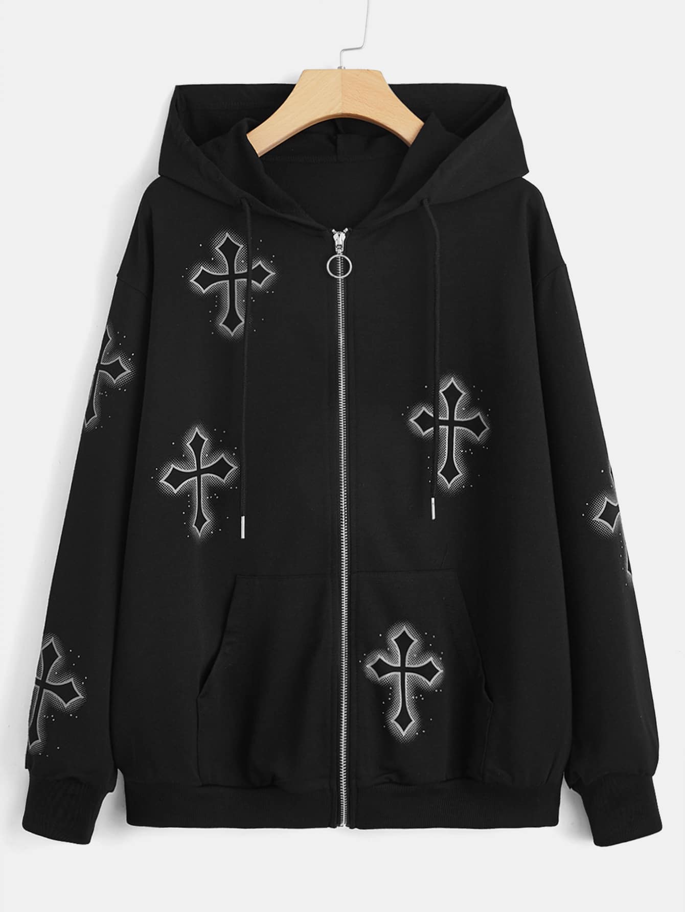 ROMWE Goth Cross Print Zip Up Drawstring Hoodie