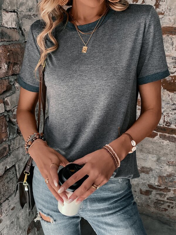 Shein Lune T Shirt Mit Kontrast Saum Rundem Kragen Aktuelle Trends