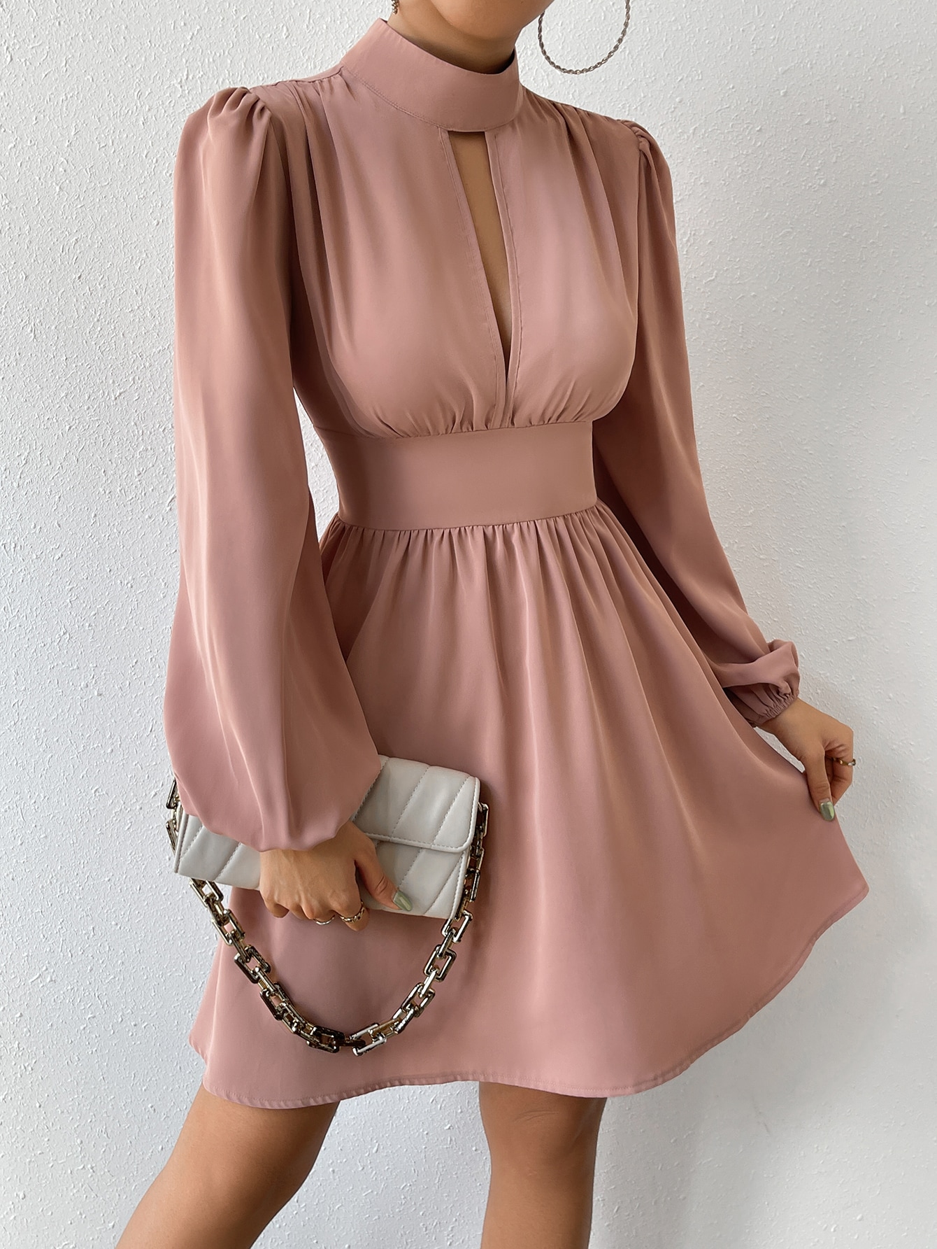 Shein Privé Keyhole Neckline Lantern Sleeve Dress