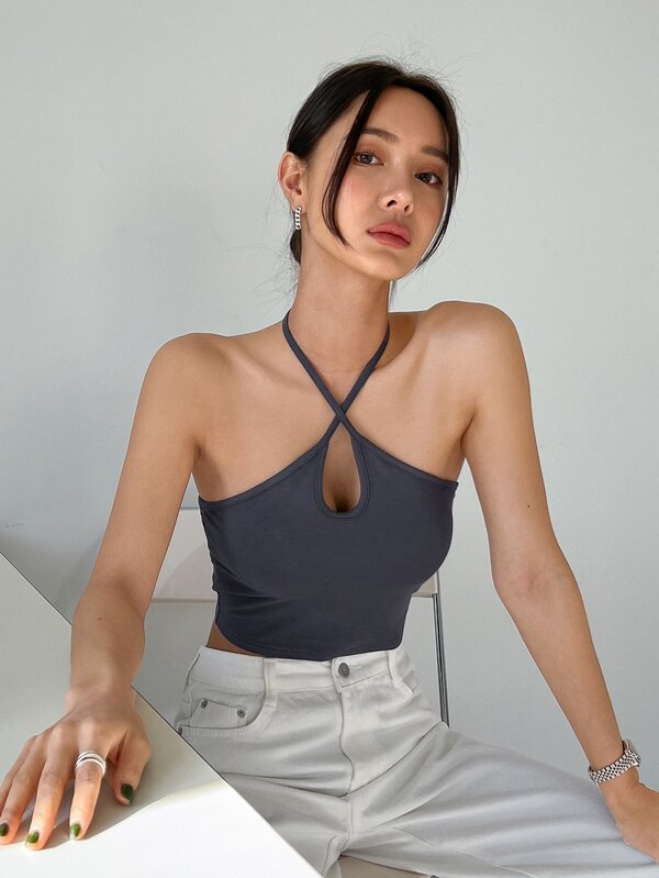 DAZY Kpop Solid Criss Cross Tie Backless Crop Halter Top | SHEIN USA