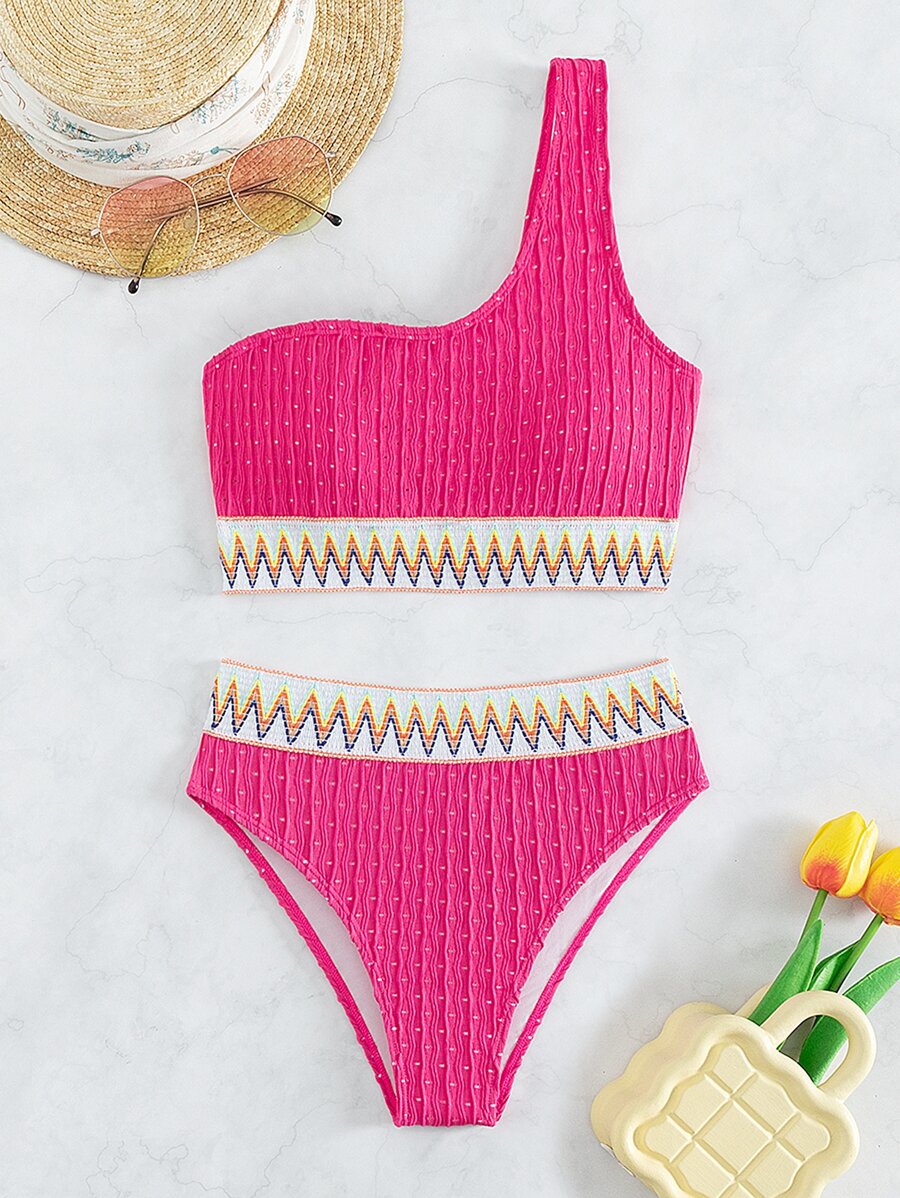 Stitch Detail One Shoulder High Waist Bikini Swimsuit Shein Usa