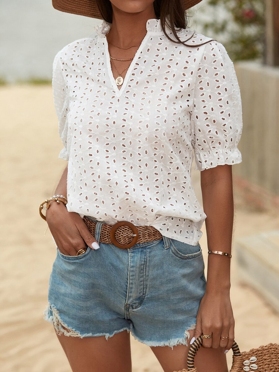 SHEIN VCAY Blusa con bordado con ojal ribete fruncido de manga farol schiffy | Moda de Mujer ...